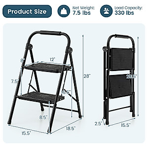 Nightcore 2 Step Ladder, Folding Step Stool w/Padded Handgrip & Wide Anti-Slip Pedal, Lightweight Portable Metal Tool Ladder, 330 LBS Capacity, Multi-Use Sturdy Ladder for Kitchen & Household