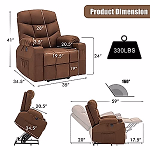 CDCASA Power Lift Recliner Chair for Elderly Electric Massage Sofa with Heated,Side Pockets,Cup Holders, USB Ports, Remote Control,Fabric Living Room Reclining Bed, Brown