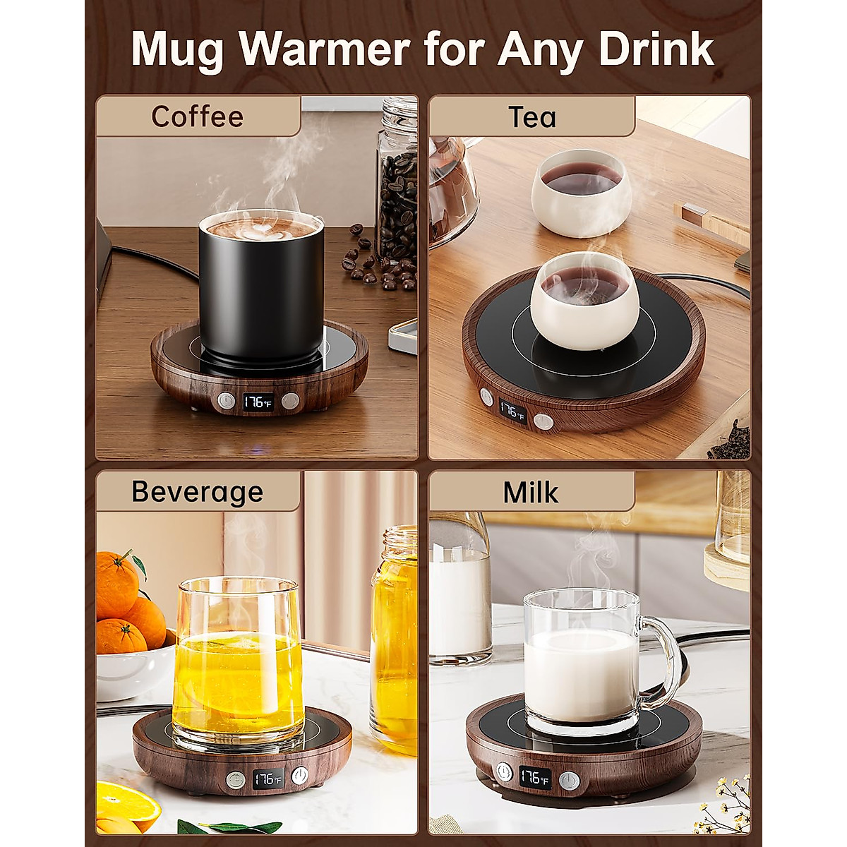 SWEETFULL Mug Warmer, 36W Coffee Cup Warmer for Desk with 3-Temp Settings Display, 2-12H Timer, Candle Warmer Plate, Coffee Accessories for Women Men Mom Dad - Wood