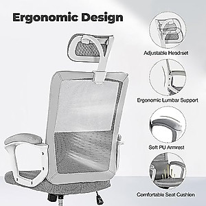 JHK Ergonomic Home Mesh Swivel Rolling Office Desk Computer Chair with Adjustable Headrest, Soft PU Armrest, Lumbar Support and Rocking Function, 18.11" D x 19.49" W x 43.5" H, Grey