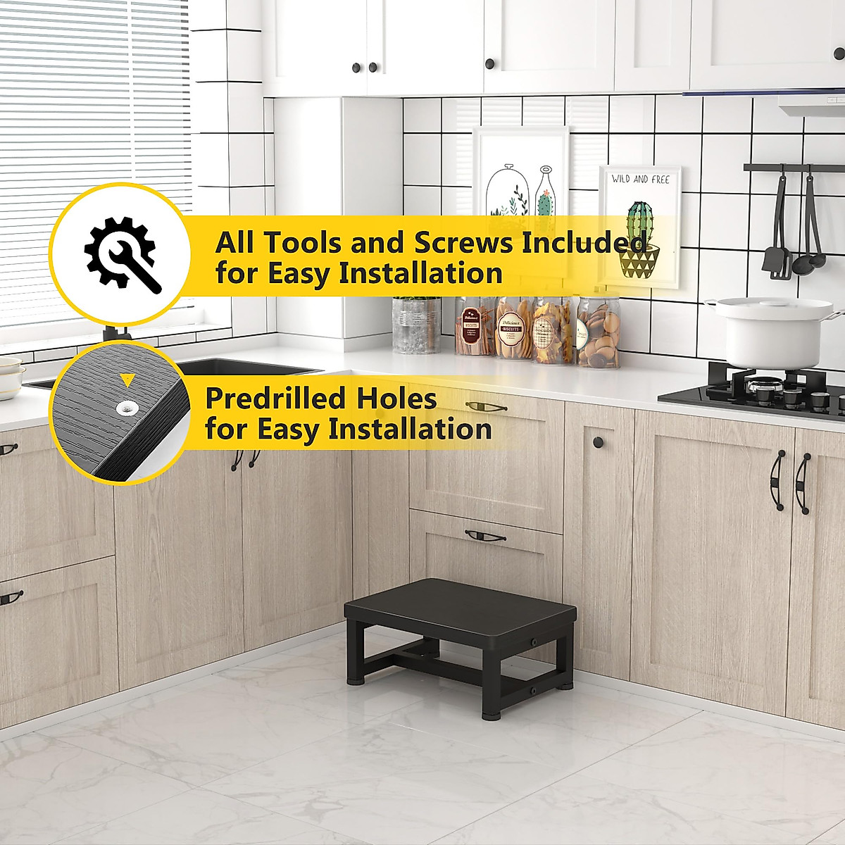 Step Stools for Adults Kids, Sturdy Wooden Stepping Stools with 450LB Capacity, Anti-Slip Bed Steps Stool for High Beds, Foot Stool One Step Stool for Kitchen Bathroom Bedroom, Black