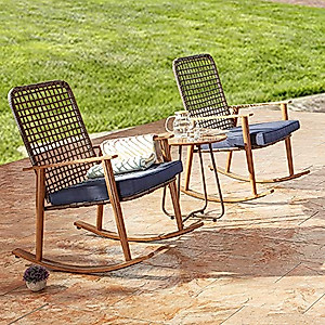 PatioFestival Patio Bistro Set Wood Grain Finish Outdoor Rocking Chairs with Coffee Table All Weather Frame Conversation Set (3Pcs, Blue)