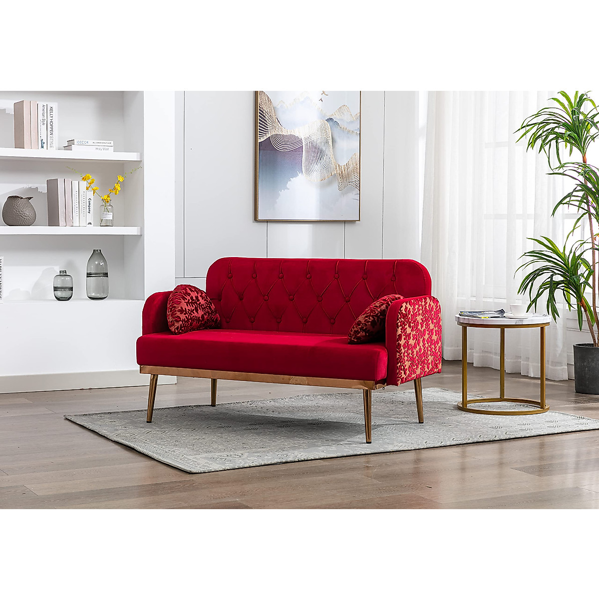 Small Velvet Couch, 55" Accent Sofa, Mid Century Modern Velvet Fabric Couch, Recliner Couch Accent Sofa Loveseat Sofa with Metal Feet, 600 Pounds Weight Capacity (Red, 55")
