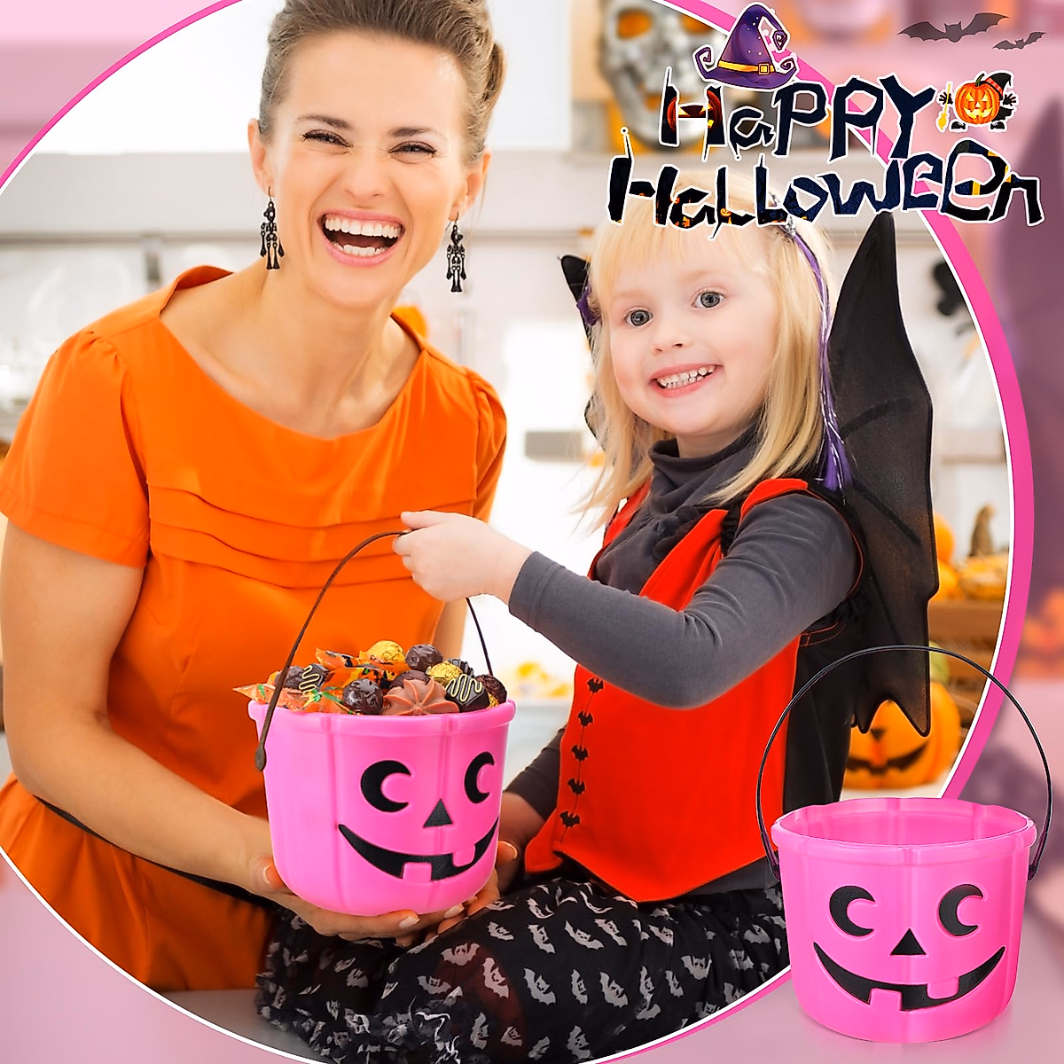 Jenaai 4 Halloween Trick or Treat Buckets Halloween Pumpkin Buckets Halloween Party Favors Pumpkin Face Candy Basket Plastic Pail Candy Bowl Holder with Handle or Party Decoration (Pink)