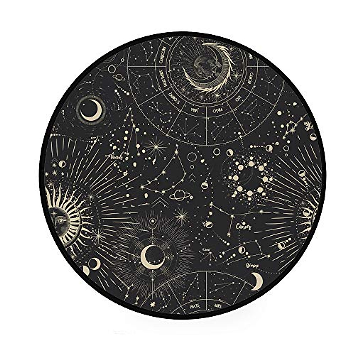 Kuizee Round Doormat Moon Phases Sun Zodiac Mysterious Astrology Polyester Indoor Outdoor Non-Slip Water Absorption Living Room Bedroom Bathroom Kitchen Home Decor 36.2Inch
