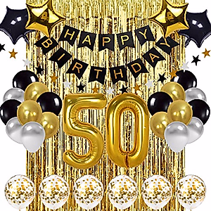 Black and Gold 50th Birthday Decorations Banner Balloon, Happy Birthday Banner, 50th Gold Foil Balloons, Number 50 Birthday Balloons, 50 Years Old Birthday Decoration Supplies