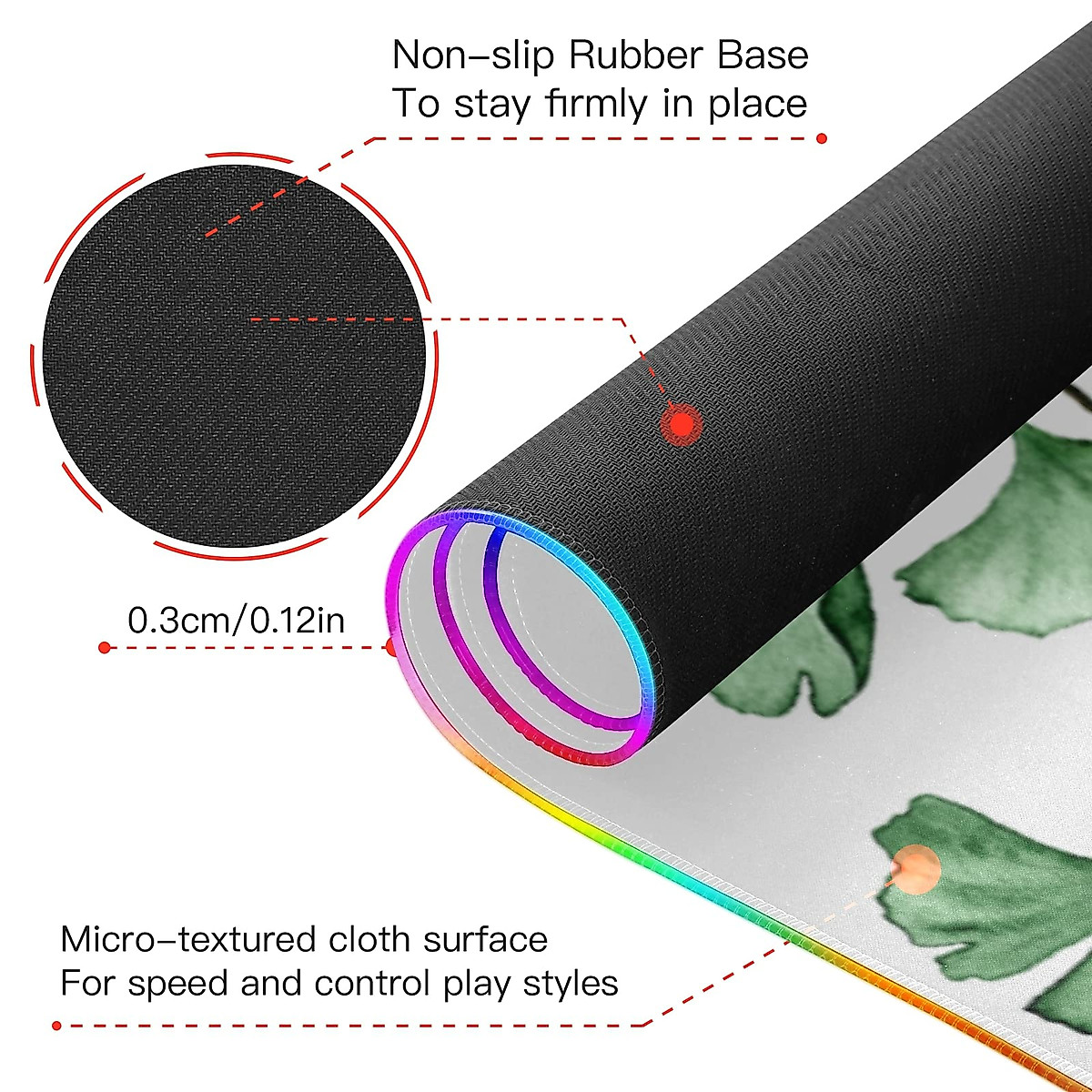 Large RGB Gaming Mouse Pad Ginkgo Biloba Known Ginko Gingko Leaves Glowing Extended Mousepad 35.4x15.7in, Soft Anti-Slip Rubber Base Luminous Mouse Mat for Pc Laptop, Gaming, Office, Home