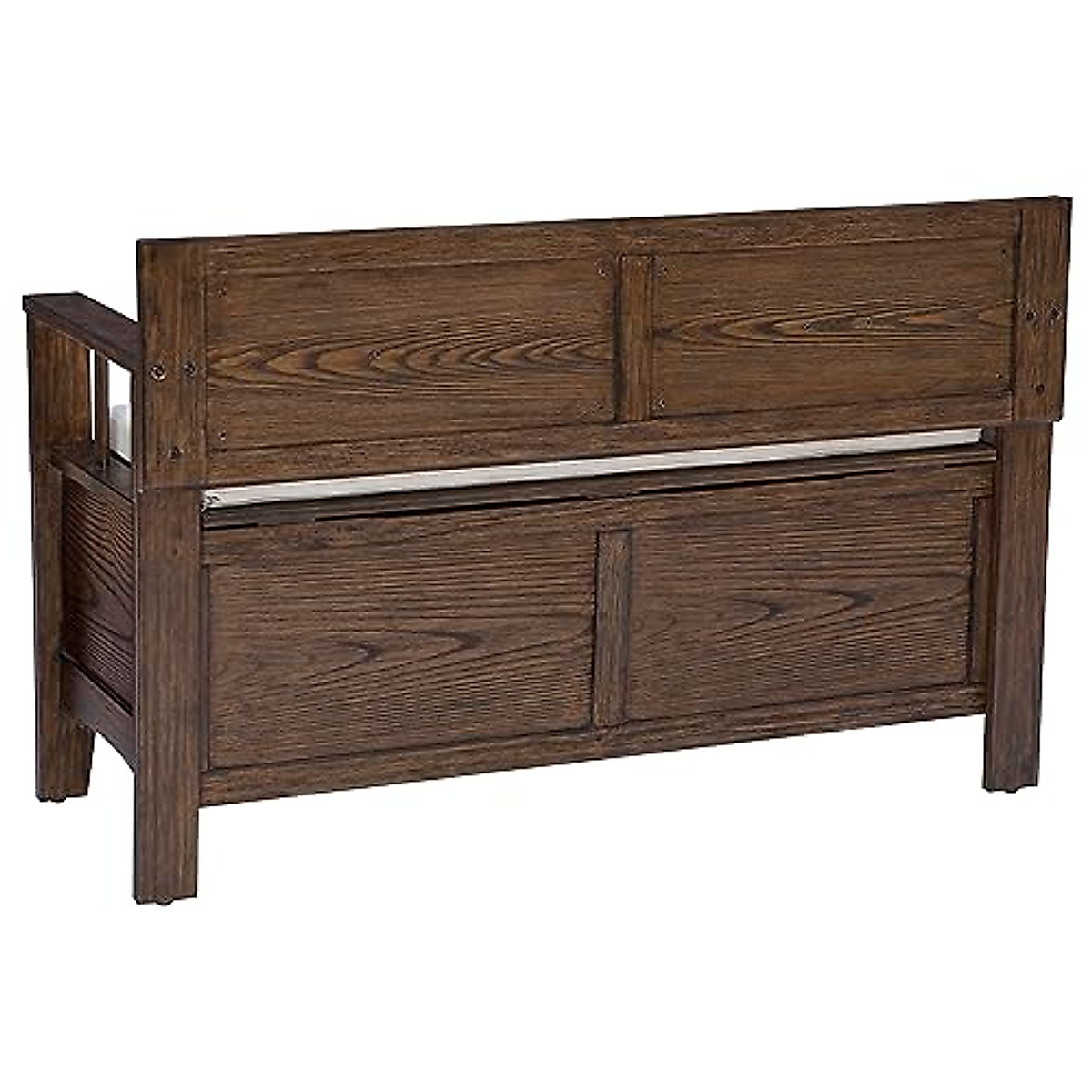 Linon Umber Brown Carlton Rustic Storage Bench with Beige Upholstered Back and Cushioned Seat