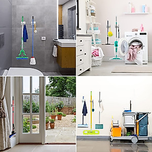 YUWANTING Stainless Steel Broom Holder, Rust Resistant, Self Adhesive, 4 Gripper Positions, 4 Hooks, Silver