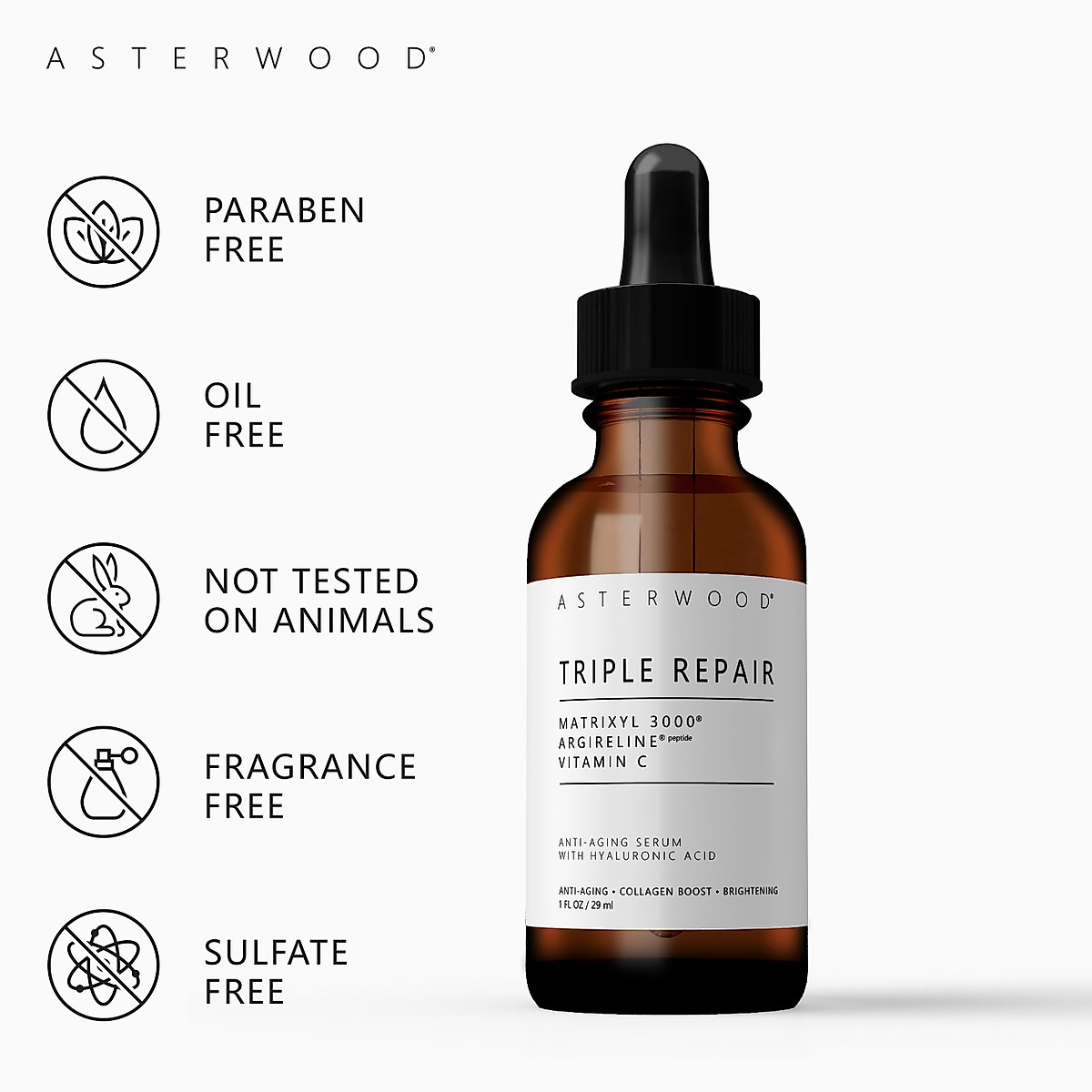Asterwood Triple Repair Matrixyl 3000 + Argireline + Hyaluronic Acid + Organic Vitamin C Serum for Face; Anti-Aging Face Serum, Anti-Wrinkle Serum, Facial Skin Serum Skin Care, 29ml/1 oz