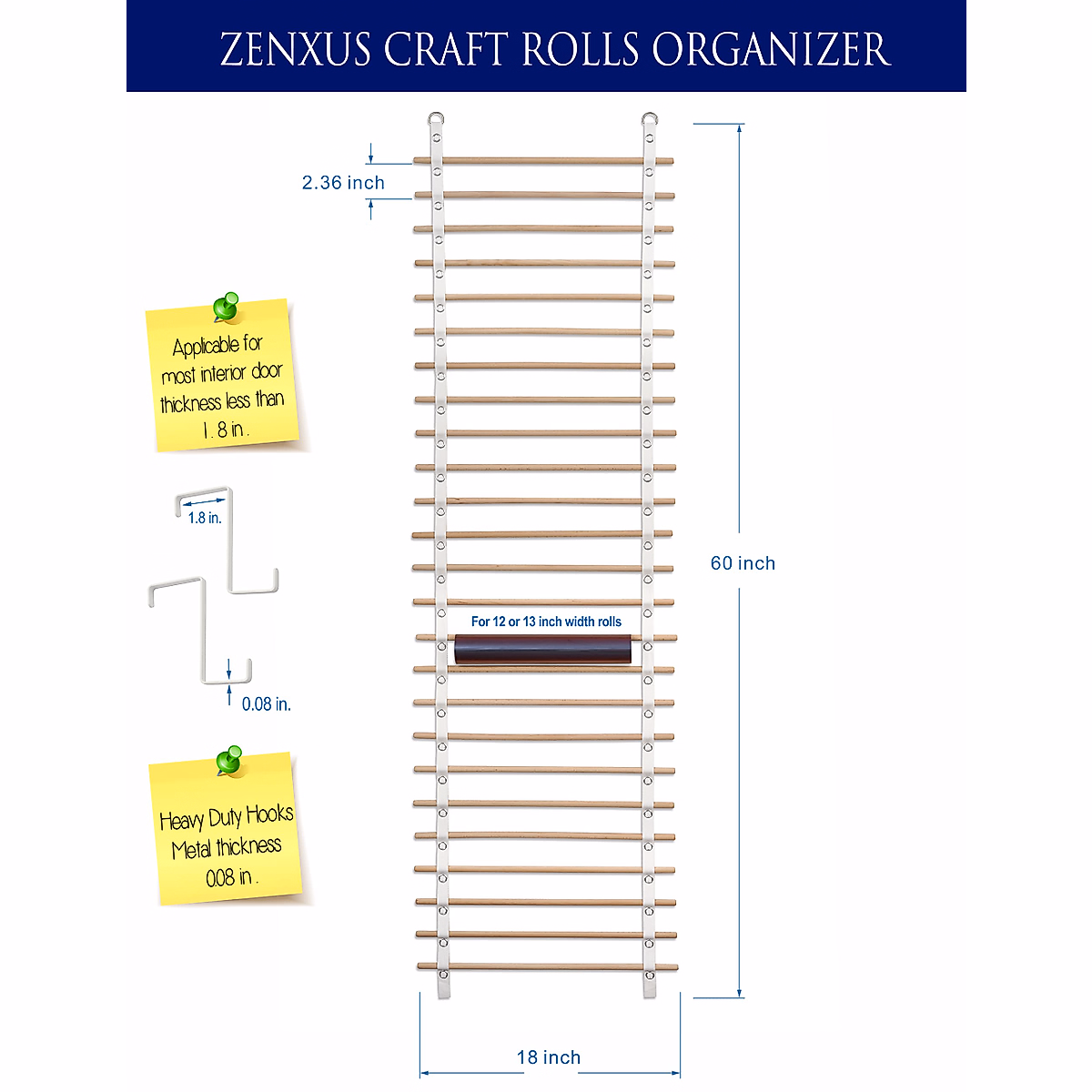 Vinyl Roll Holder, 25 Rolls, ZENXUS Craft Roll Storage and Organizer, Cotton Straps and Wood Dowels, with Door Hanging Hooks