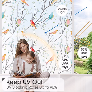 Coavas Window Privacy Film Decorative Bird Stained Glass Window Film Bathroom Frosted Glass Window Cling Privacy Film Heat Blocking Static Cling Day and Night Home Door Window Coverings 17.5" x 78.7"