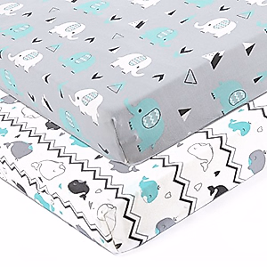 Stretchy Fitted Crib Sheets Set BROLEX 2 Pack Portable Crib Mattress Topper for Baby Boys Girls,Ultra Soft Jersey,Full Standard,Elephant & Whale