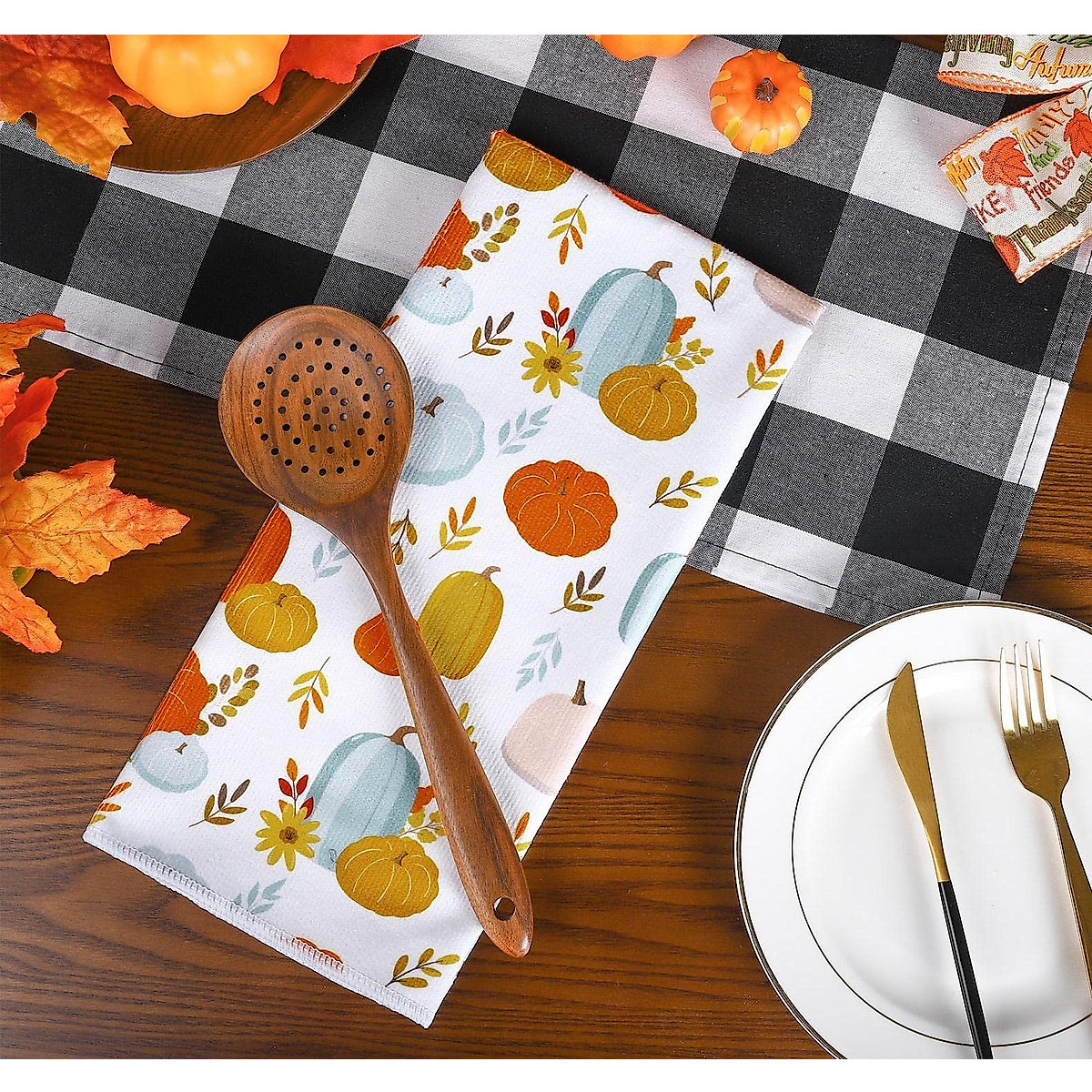 AnyDesign 4 Pack Fall Kitchen Dish Towel Thanksgiving Leaves Pumpkins Tea Towels 18 x 28 Inch Autumn Rustic Vintage Fall Harvest Dishcloth Hand Drying Cloth Towel for Holiday Kitchen Cooking Baking