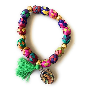 Made in Mexico Our Lady of Guadalupe colored palm Bracelet with prayer Pulsera de palma con dije de Virgen de Guadalupe