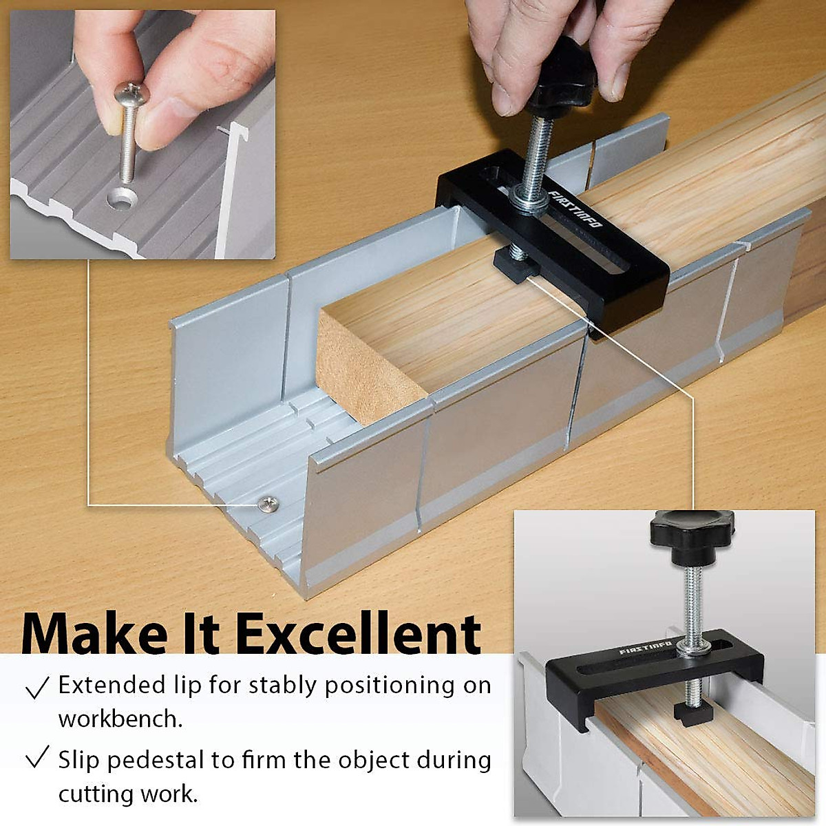 FIRSTINFO H5441 Metal Aluminum Miter Box 9.8 Inch Mitre Box for Manual Saw for Hand Saw 3 Cutting Angles with Fixable Screw