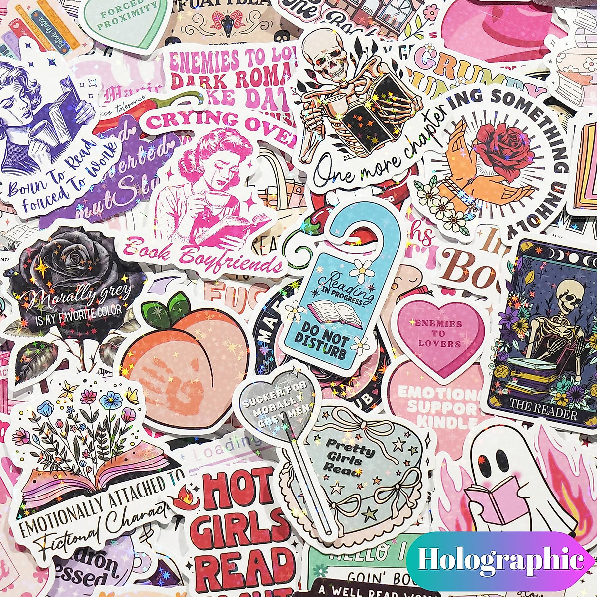 150 PCS Romance Book Stickers for Kindle, Holographic Bookish Sticker Pack Reading Booktok Glitter Vinyl Decals for Laptop Ebook Readers Water Bottles Journal Scrapbook Waterproof
