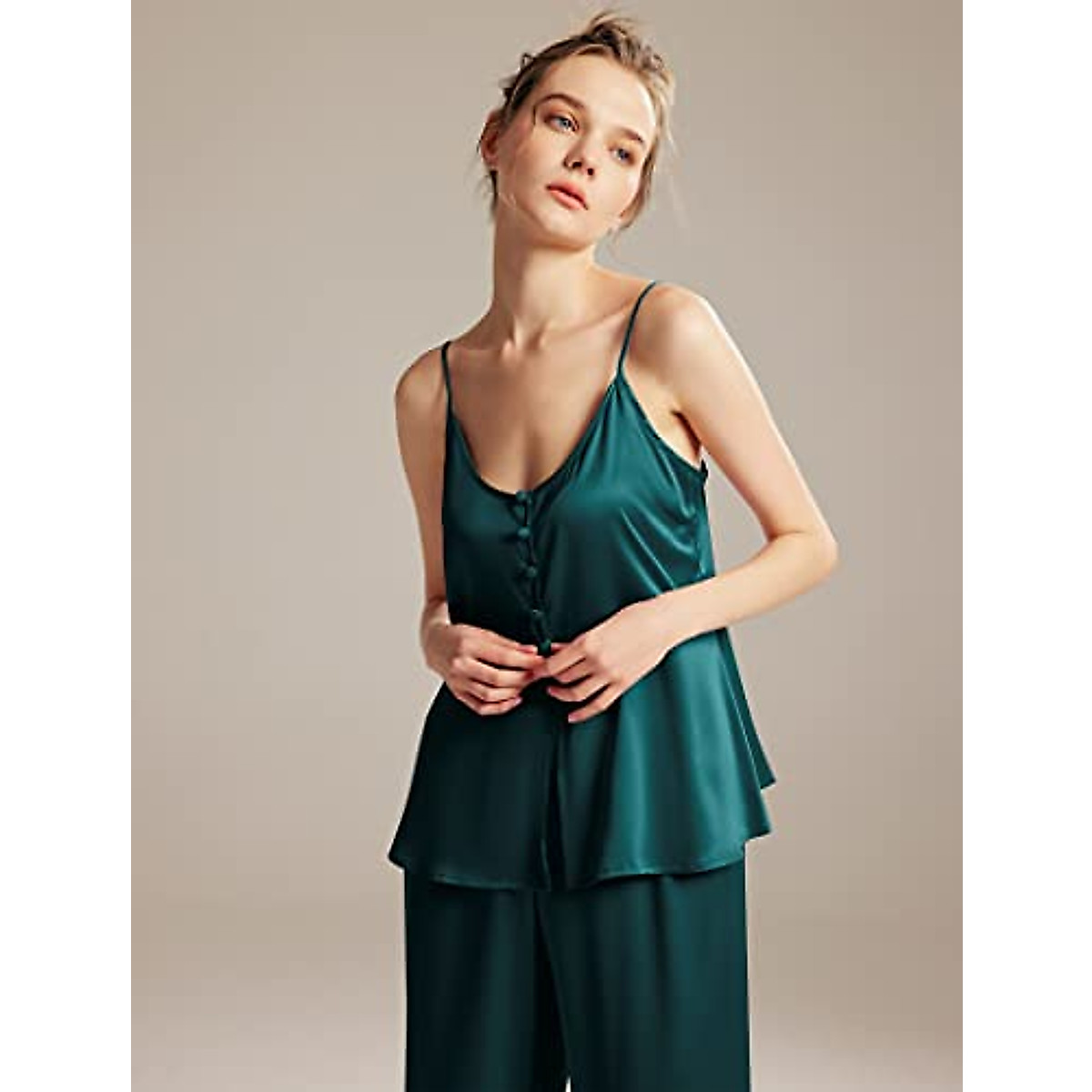 AW BRIDAL Pajama Sets for Women Satin Ruffle Camisole Top with Long Pants Silk Bride Pajamas for Wedding Engagement Party, Hunter Green M