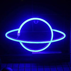 QiaoFei Led Planet Neon Signs Blue Kids Neon Lights Decorative Wall Signs, Battery or USB Operated Lamp for Party Supplies Room Wall Art Decoration (Blue)
