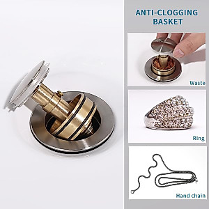 WiCCI Pop-Up Drain Stainless Steel with Overflow Anti-Clogging for Vessel Sink Lavatory Vanity Sink Drain with Strainer Basket, Brushed Nickel