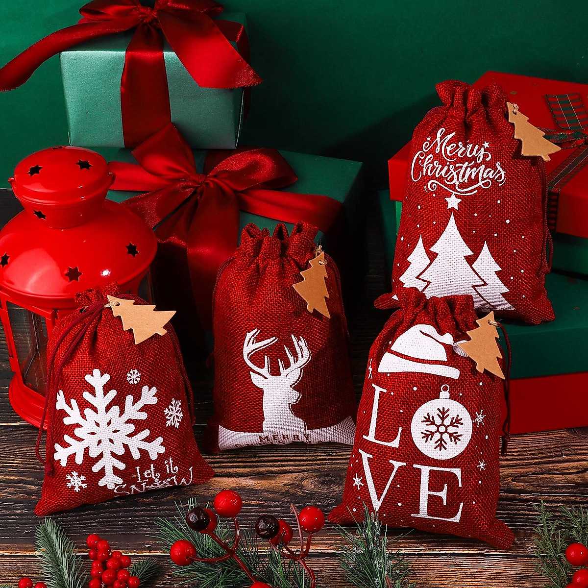 MIMIND 24 Pack Christmas Linen Bags with Drawstrings 7 x 5 Inch Burlap Gift Bags Christmas Burlap Goody Present Bags with Cards for Party Favor, 12 Designs, Wine Red