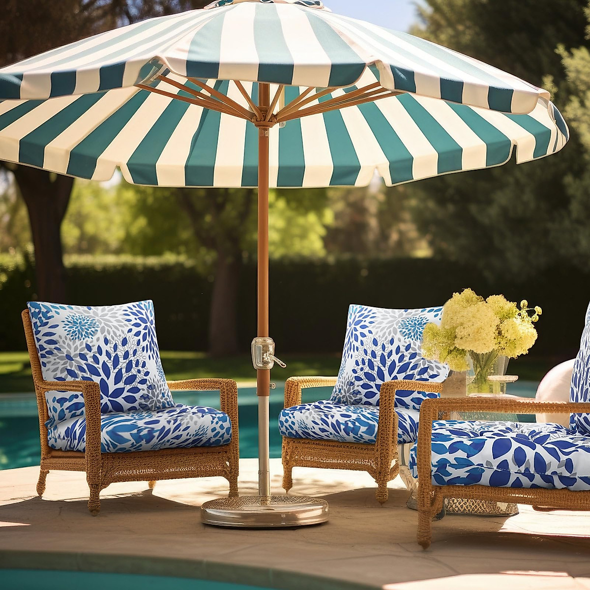 Briwooody Boho Outdoor Deep Seat Cushion Set Waterproof Outdoor Seat Cushion Floral Printed Patio Chair Cushions Set Lawn Furniture Cushions for Patio Garden (Blue Geometric Flower,24 x 24 in)