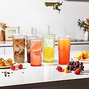 ALINK Glass Cups with Glass Lids and Straws, 22 oz High Borosilicate Clear Iced Coffee Glass Tumblers, Drinking Glass Smoothie Tea Water Cups, Pack of 2 with Cleaning Brush