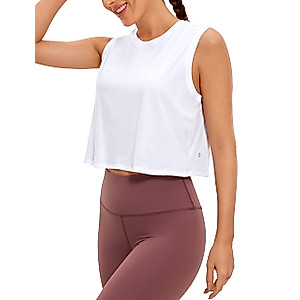 CRZ YOGA Pima Cotton Cropped Tank Tops for Women Workout Crop Top Sleeveless Athletic Shirts Loose Yoga Tops White Small