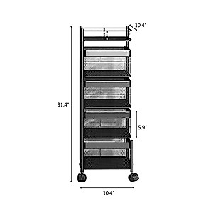 LOYALHEARTDY 5-Tier Storage Cart Kitchen Storage Rack Rotatable Mesh Wire Basket Shelf Fruit Vegetable Storage Multifunctional Rolling Utility Cart with Wheels for Kitchen, Pantry, Bathroom, Office