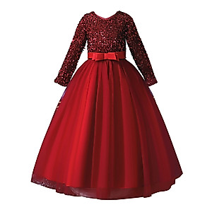 Baby Girls Valentine's Day Sequin Dress Outfit Party Clothes Girl Kids Long Sleeve Wedding Princess Pageant Dresses (Red, 11-12 Years)