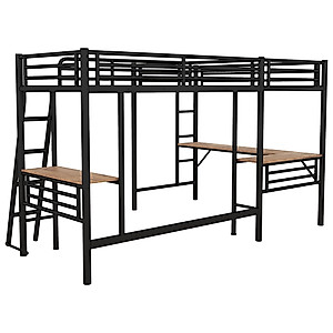 MERITLINE Metal Twin Size L-Shaped Loft Bed, Twin Size Loft Bed Frame with Two Built-in Desks Underneath for Kids Boys Teens, Black