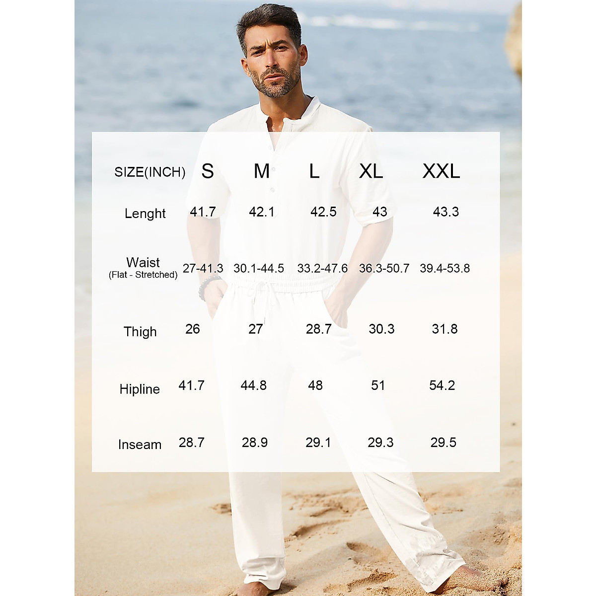 iWoo Pants with Elastic Waist Men Beach Linen Pants Drawstring Linen Pants White M