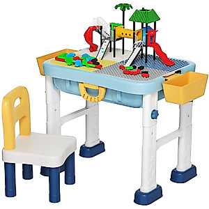 HONEY JOY 6-in-1 Kids Activity Table, Large & Small Size Blocks Compatible w/Classic Blocks, Adjustable Height, Water Table & Sand Table & Dry Erase Easel w/Marker, Kids Play Table with Storage