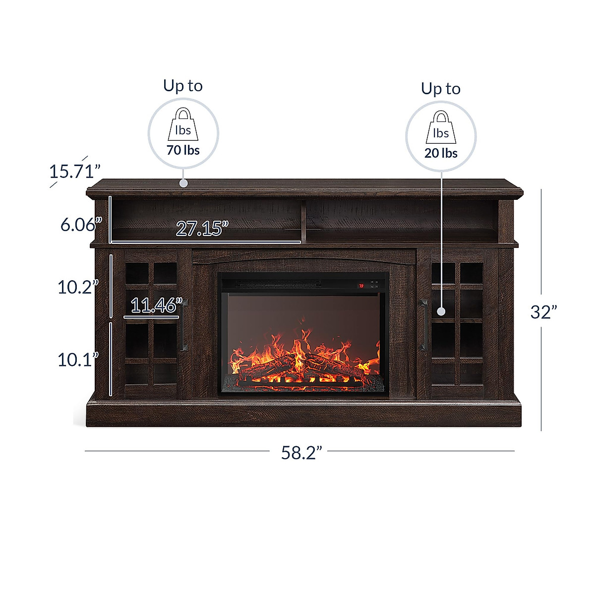 BELLEZE Traditional 58" Rustic TV Stand with 23" Electric Fireplace Heater with Sound, Media Entertainment Center Console Table for TV up to 65" with Open Storage Shelves and Cabinets - Espresso
