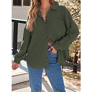 AUTOMET Womens Fall Cothes 2025 Fashion Country Concert Outfits Waffle Knit Shackets Corduroy Jackets Button Down Shirts Tops ArmyGreen L