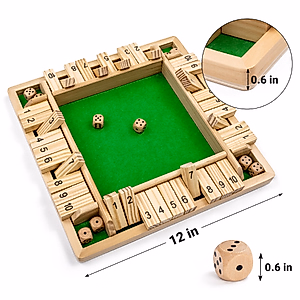 ropoda Wooden Shut The Box Game (2-4 Players) - Large 4 Sided Board, 8 Dice, Rules - Amusing Addition Game for Kids & Adults, 12 Inch
