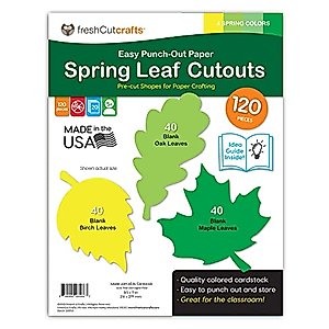 FreshCut Crafts | 120 Pieces Spring Leaf Paper Cutouts with IDEA GUIDE, 2-Sided US Made Card Stock Punch Out Maple Oak Birch Leaves for Bulletin Boards, Classroom Decor, and Posters