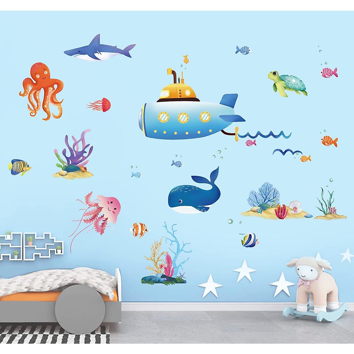 decalmile Under The Sea Wall Stickers Sailors Whale Fish Wall Decoration Bedroom Kids Baby Nursery Bathroom