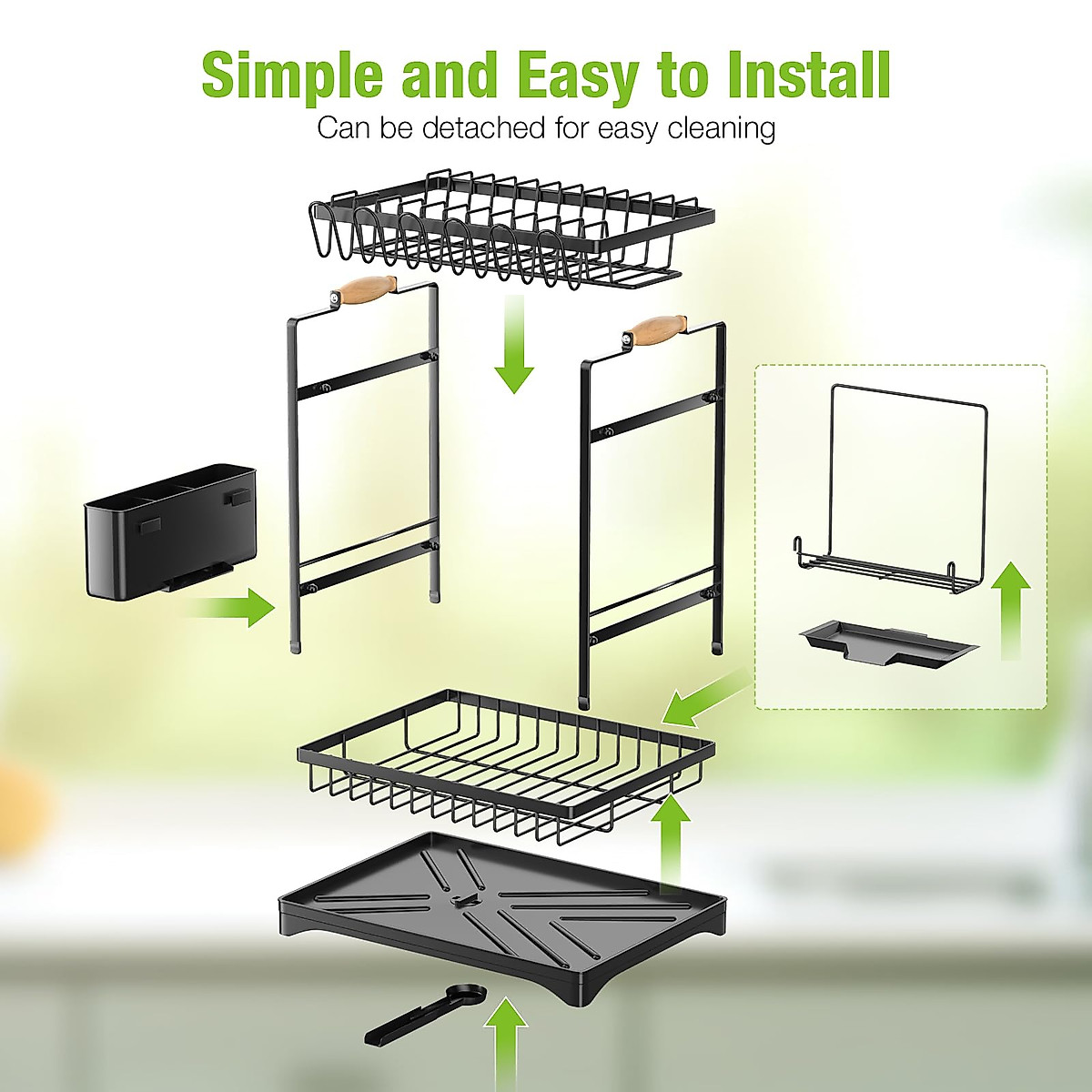 Housmile Dish Drying Rack, Large-Capacity Dish Rack for Kitchen Counter, Stainless Steel Dish Drainer, 2-Tier Drying Rack Kitchen Adjustable Height for Dishes, Knives, Spoons, and Forks, Black