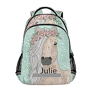 Custom Backpack for Girls Kids with Name Personalized Floral Horse School Bookbag for Age 6-10