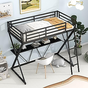 DEYOBED Twin Size Metal Loft Bed with Desk, X-Shaped Frame, Ladder, and Guardrails, Space-Saving Kids' Bedroom Furniture, Black