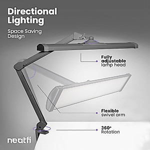 Neatfi Ultra 3,500 Lumen LED Desk Lamp, 45W, 26 Inch Wide Metal Shade, 270 SMD LEDs (Non-CCT with Clamp, Silver)