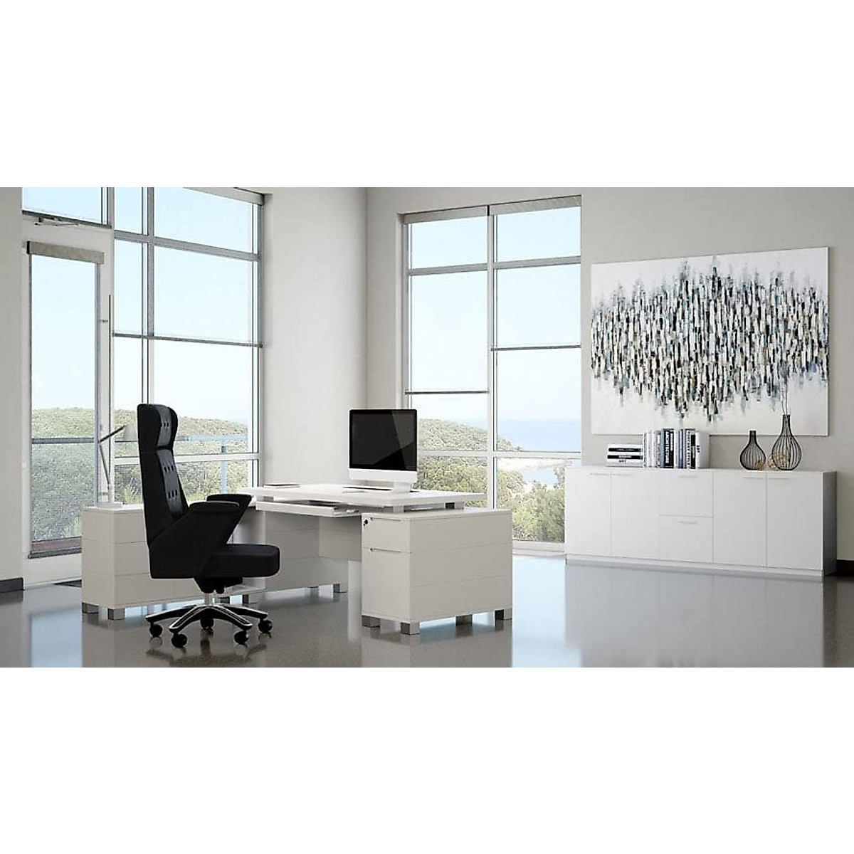 ZURI Furniture Reagan Modern Polished Office Storage and Filing Cabinet Credenza - White