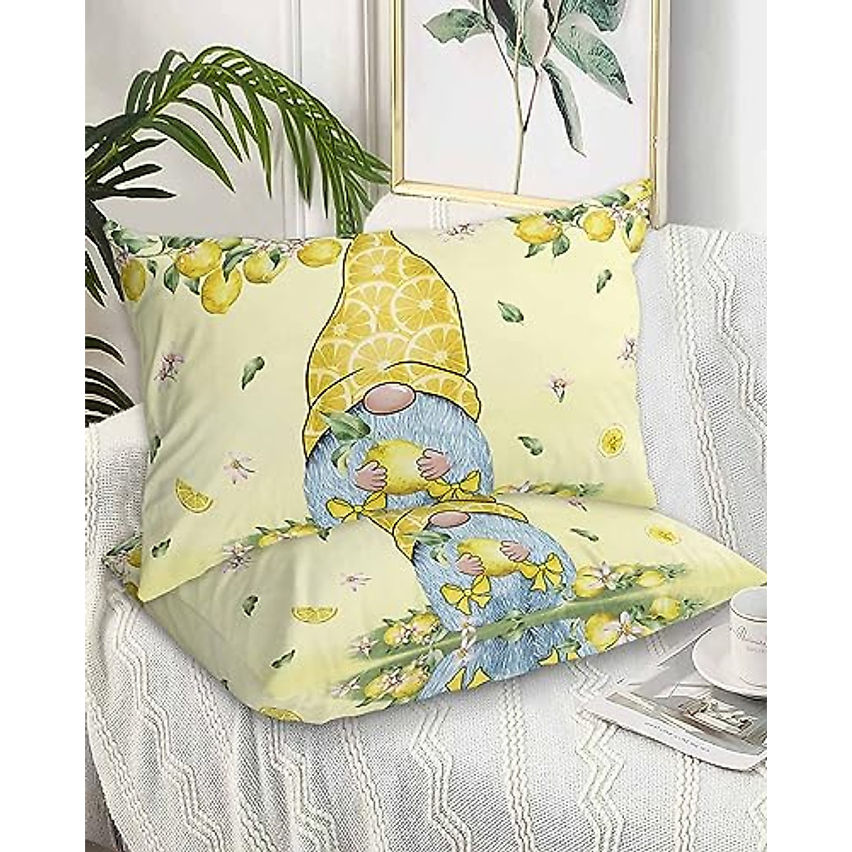 Edwiinsa Summer Lemon Pillow Covers Queen Size Set of 2 20x30 Bed Pillow, Spring Floral Gnomes Rustic Yellow Plush Soft Comfort for Hair/Skin Cooling Pillowcases with Envelop Closure