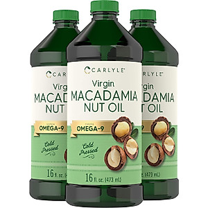 Carlyle Macadamia Nut Oil | 3 x 16 oz Bottles | Premium Cold Pressed | Food Grade | Vegetarian, Non-GMO, Gluten Free | Virgin Oil | Safe for Cooking, Great for Hair and Skin
