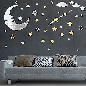 82 Pieces Moon and Stars Mirror Decals Removable 3D Acrylic Mirror Stickers Moon and Stars Wall Stickers Home Decor for Living Room Kids' Room Nursery Decoration