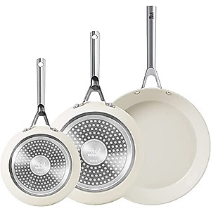 ROCKURWOK 3 Pcs Frying Pan Set, Hard Ceramic Nonstick Cookware Set, 8in/10in Omelet Pan, 12in Skillet, Inducton, Dishwasher & Ovens Safe, Free of PFAS & PTFE, White