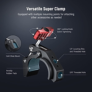 NEEWER Super Clamp with Cold Shoe and 1/4" 3/8" Threaded Holes, Max Load 4.4lb/2kg, Crab Shaped Camera Clamp Mount for Most Photography Accessories, Compatible with SmallRig Magic Arms, ST81