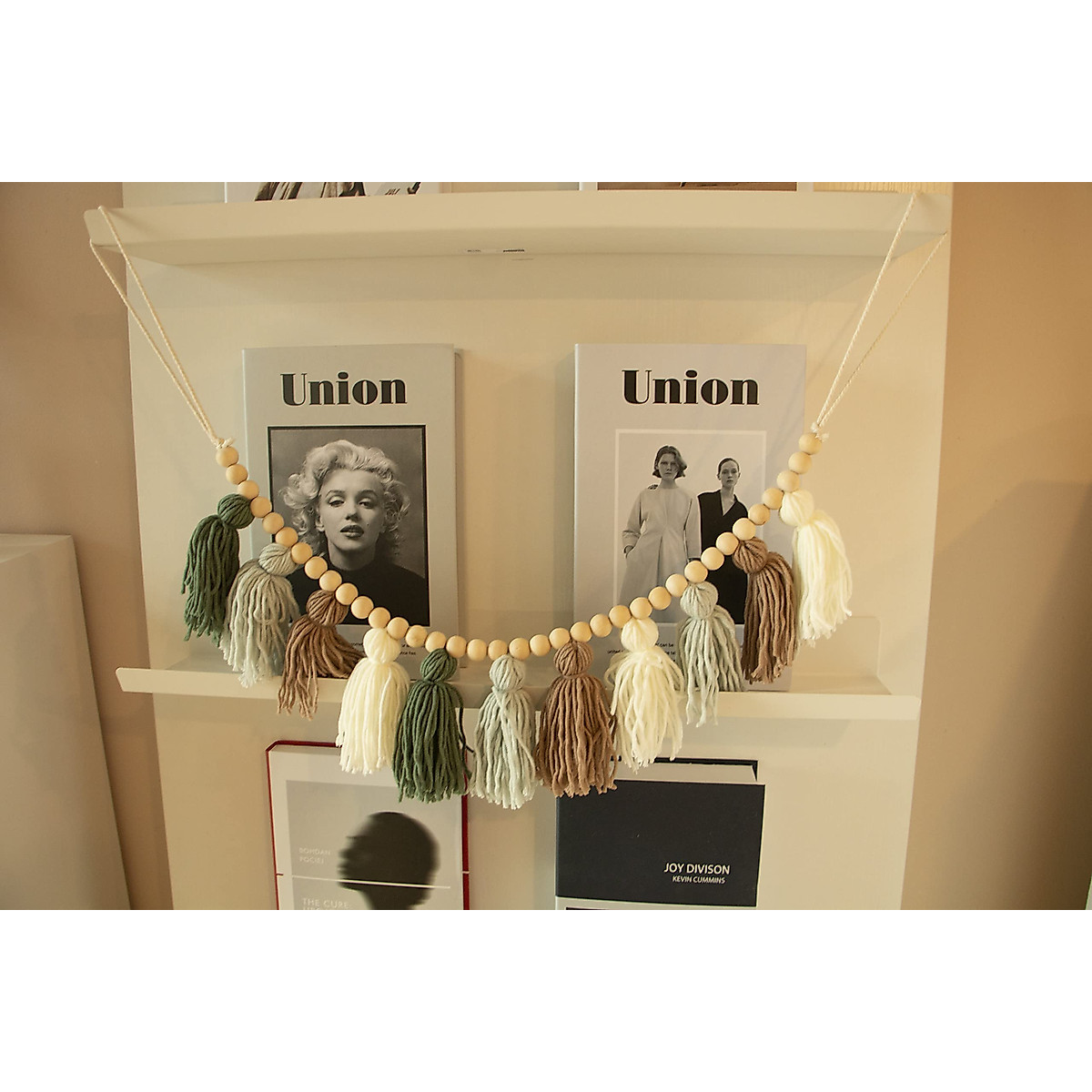 Decocove Tassel Garland - Boho Tassel Garland with Wood Beads - Wall Decor for Dorm, Girls Room and Nursery Room - Olive Green (36 inch)