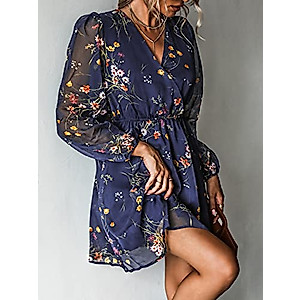 CUPSHE Women's Floral Print Chiffon A-Line Mini Dress Long Peasant Sleeves Elastic Autumn Dress,S